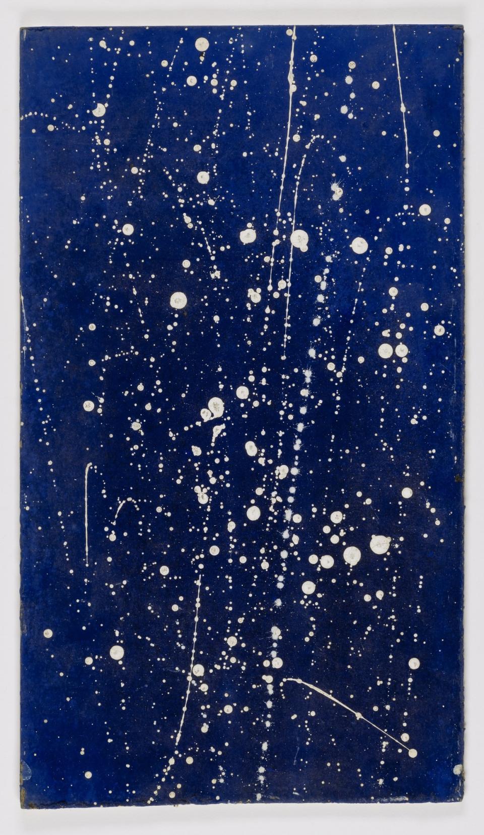 Untitled (paperboard panel painted dark blue and splattered all over ...
