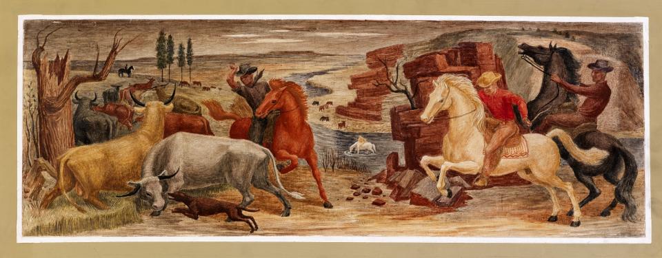 Cowboys Driving Cattle(?) (mural study, Caldwell, Kansas Post Office ...