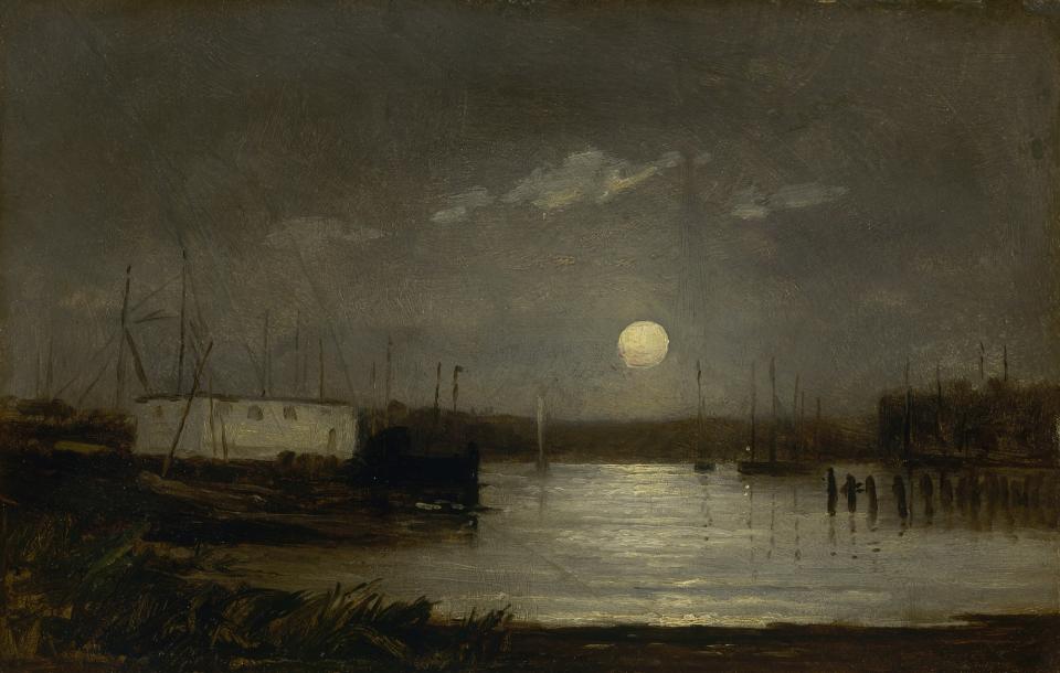 Untitled (moon over a harbor, wharf scene with full moon and masts of ...